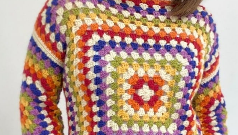 Rainbow Granny Square Sweater | crafts.alldaycrochet