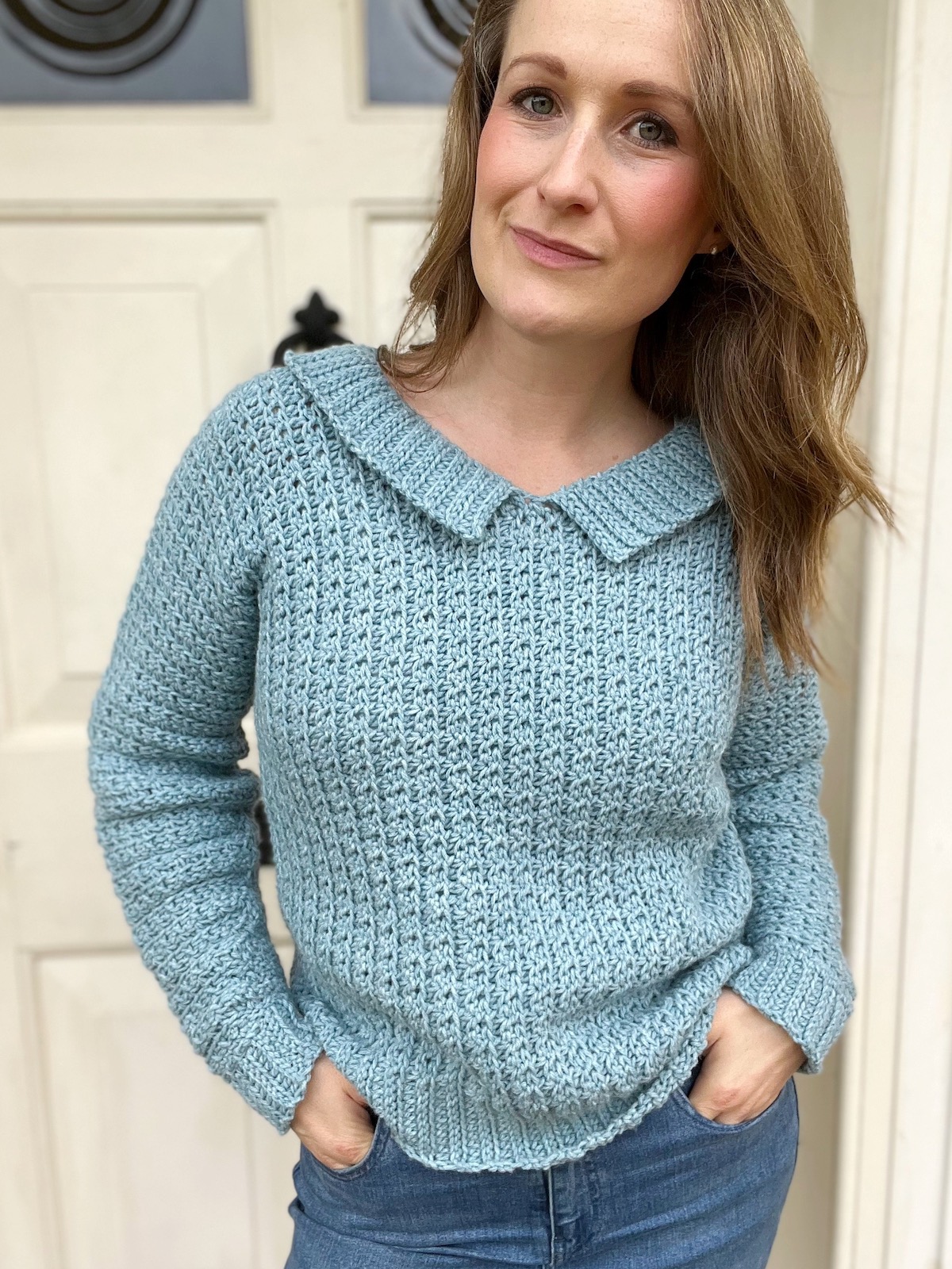 V-Neck Crochet Sweater Pattern with Collar | crafts.alldaycrochet
